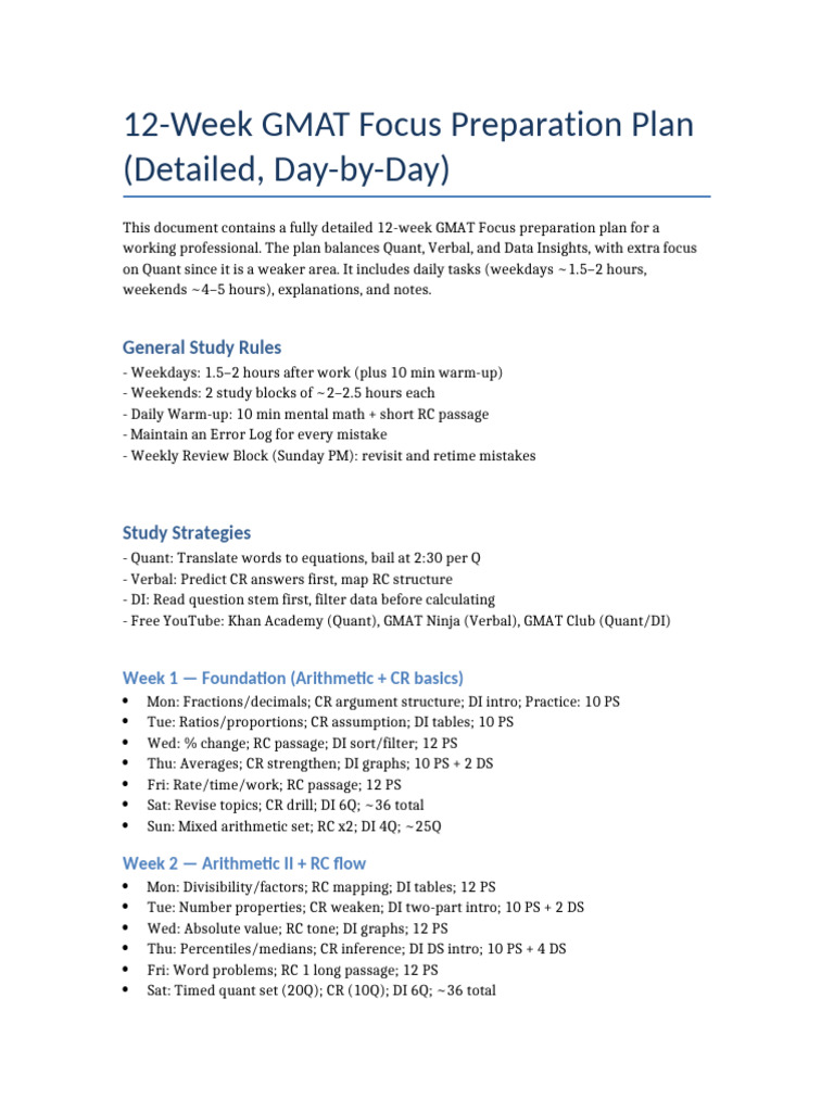 GMAT 12 Week Full Detailed Plan | PDF | Graduate Management Admission ...