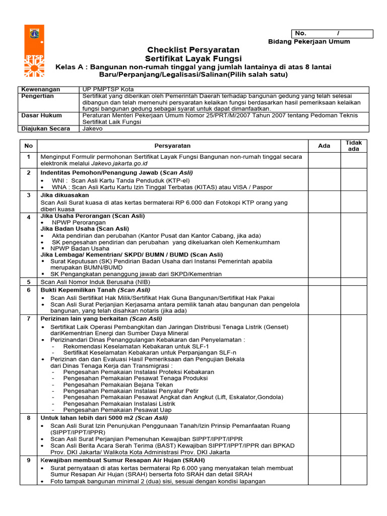 Persyaratan Sertifikat Laik Fungsi Kelas A | PDF