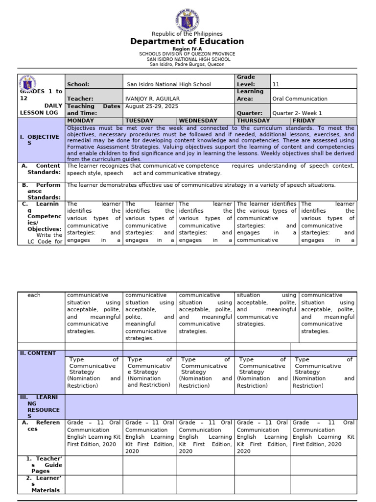 DLL Oral Communication q2 w1 | PDF | Learning | Curriculum