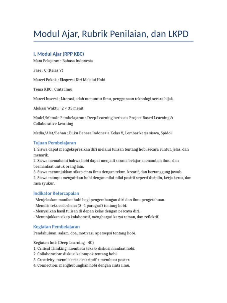Modul Rubrik LKPD Lengkap Bahasa Indonesia KelasV Rere | PDF