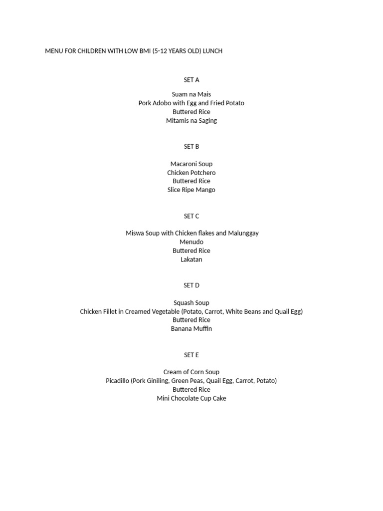 Low BMI Children's Lunch Menu (5-12) | PDF