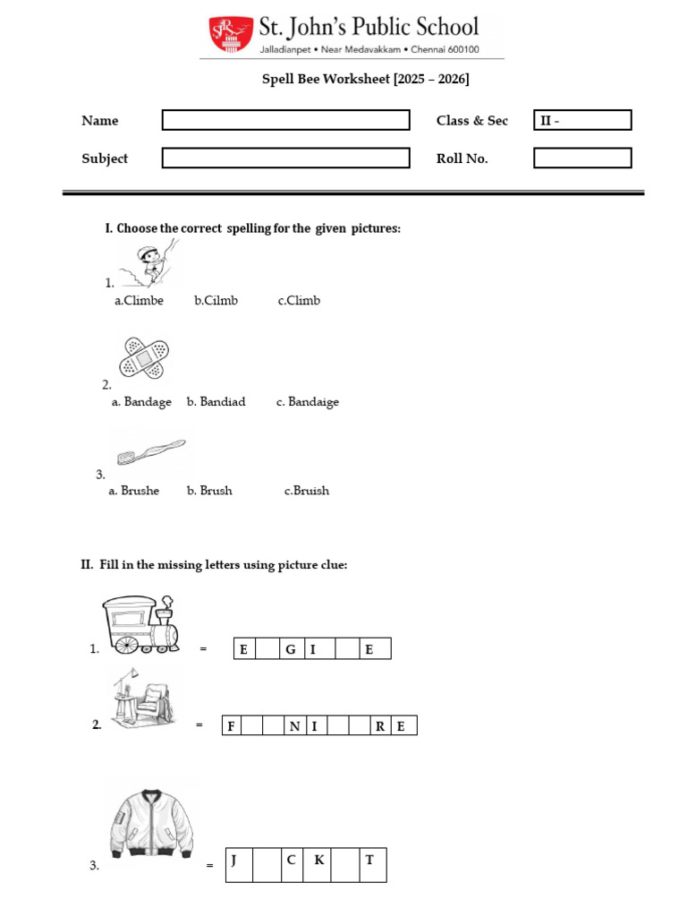 Spell Bee Worksheet (2025 - 2026) Name Class & Sec II-Subject Roll No | PDF