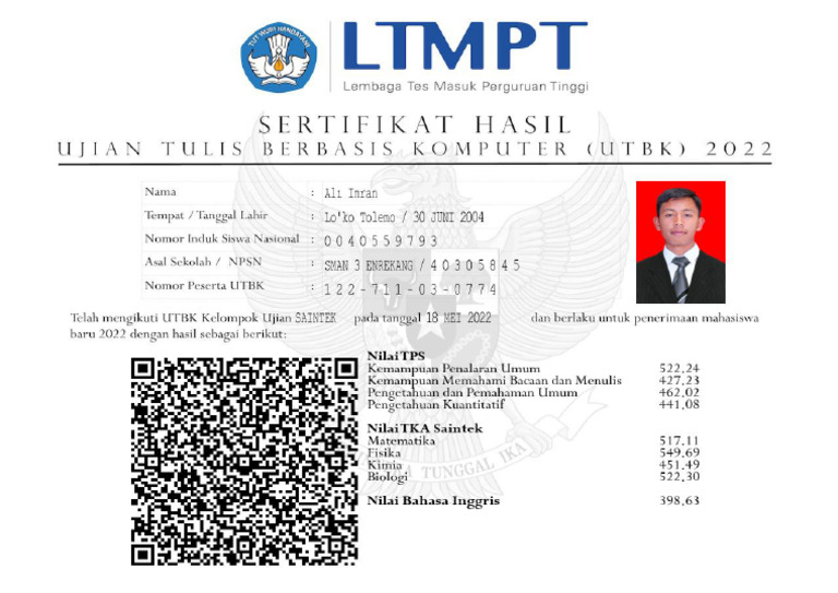 Sertifikat Utbk LTMPT 122711030774 | PDF
