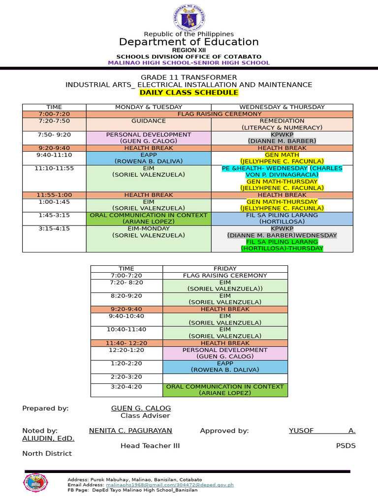 Malinao High School Grade 11 Class Schedule | PDF | Reading (Process ...