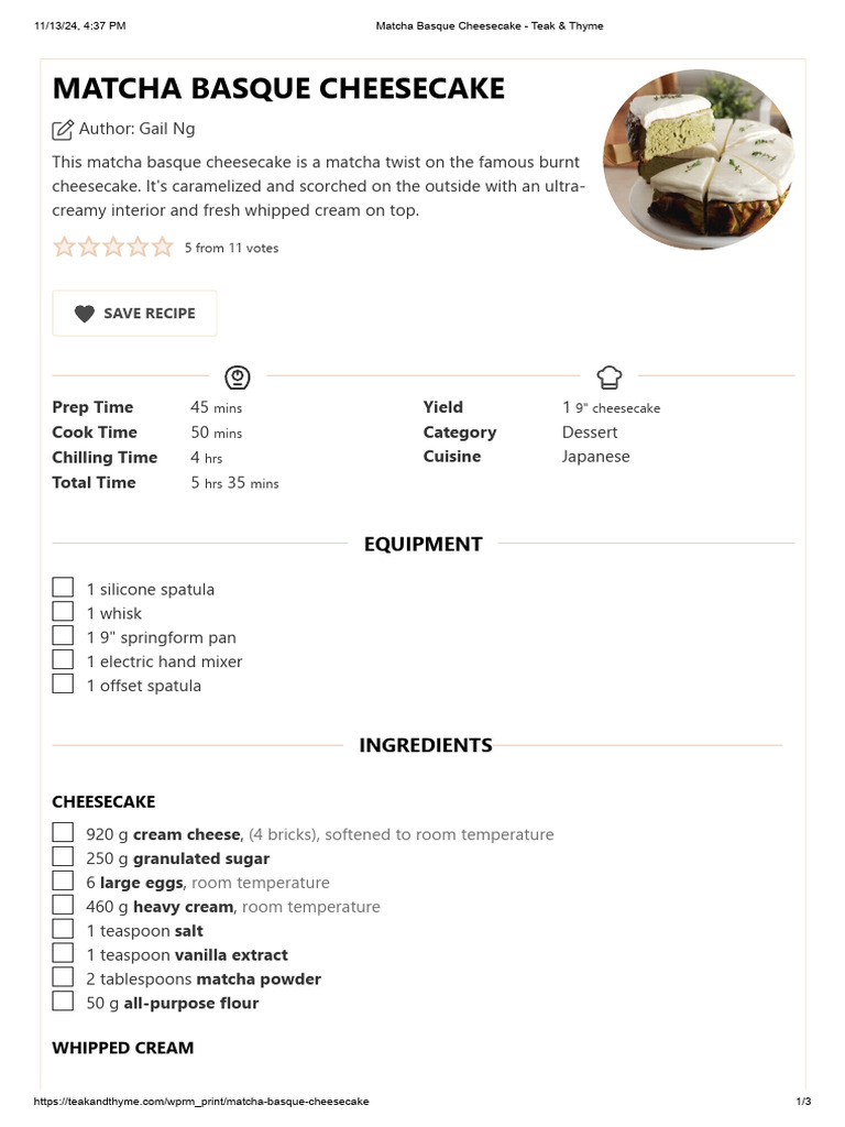 Matcha Basque Cheesecake Recipe | PDF | Cheesecake | Fat