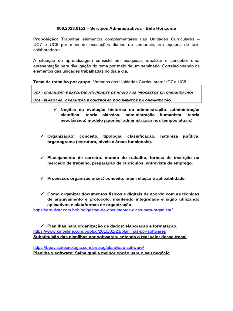 Seminário sobre UC7 e UC8 em BH | PDF | Planilha | Teoria