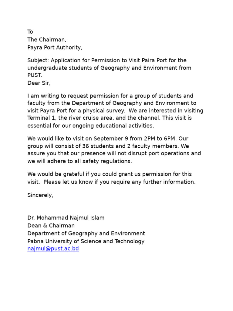 Permission Request for Student Port Visit | PDF
