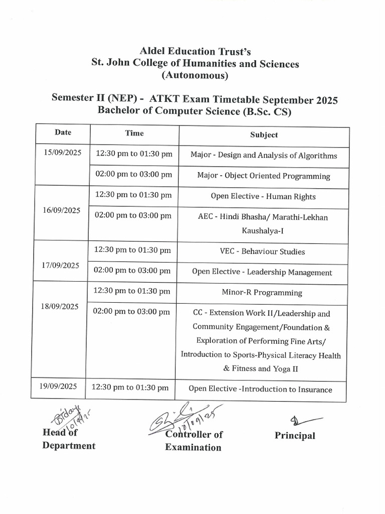 Sem II Nep Atkt Time Table | PDF