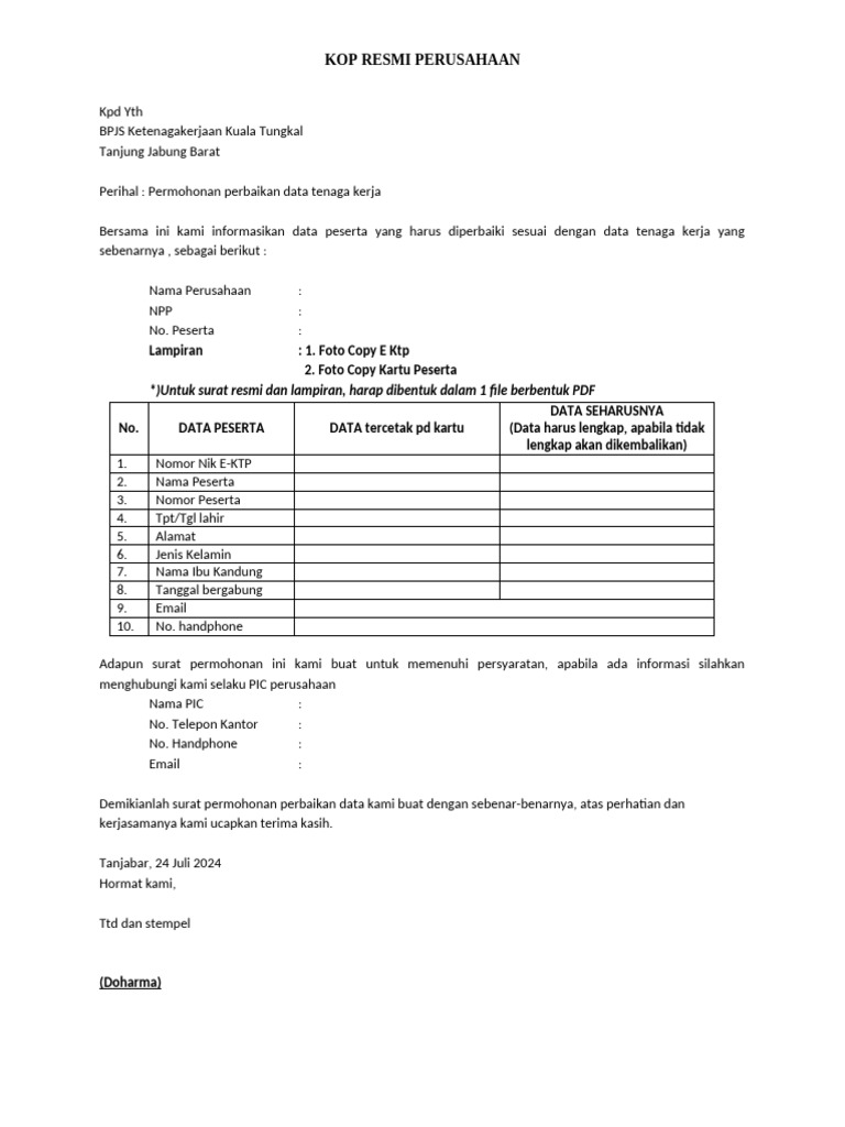Surat Pengajuan Koreksi Data TK | PDF