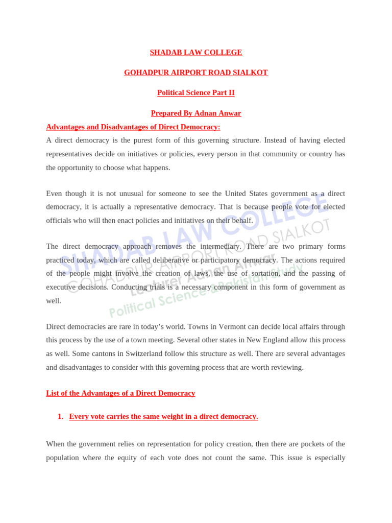 Advantages and Disadvantages of Direct Democracy | PDF | Voting | Democracy