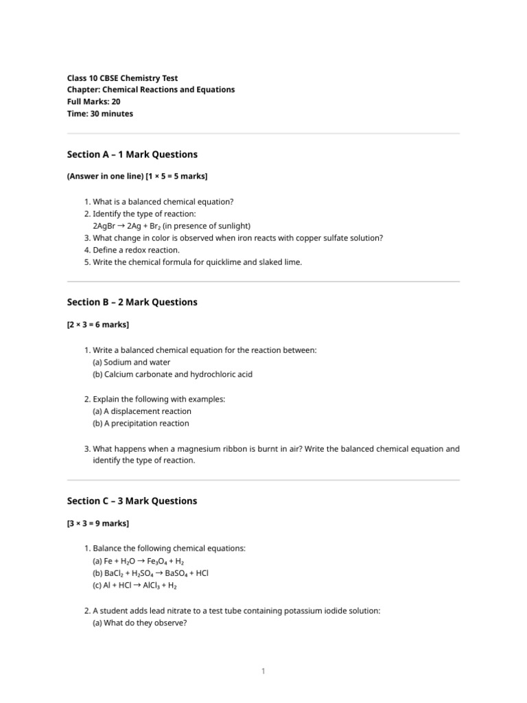 Class 10 Chemistry Test: Reactions & Equations | PDF