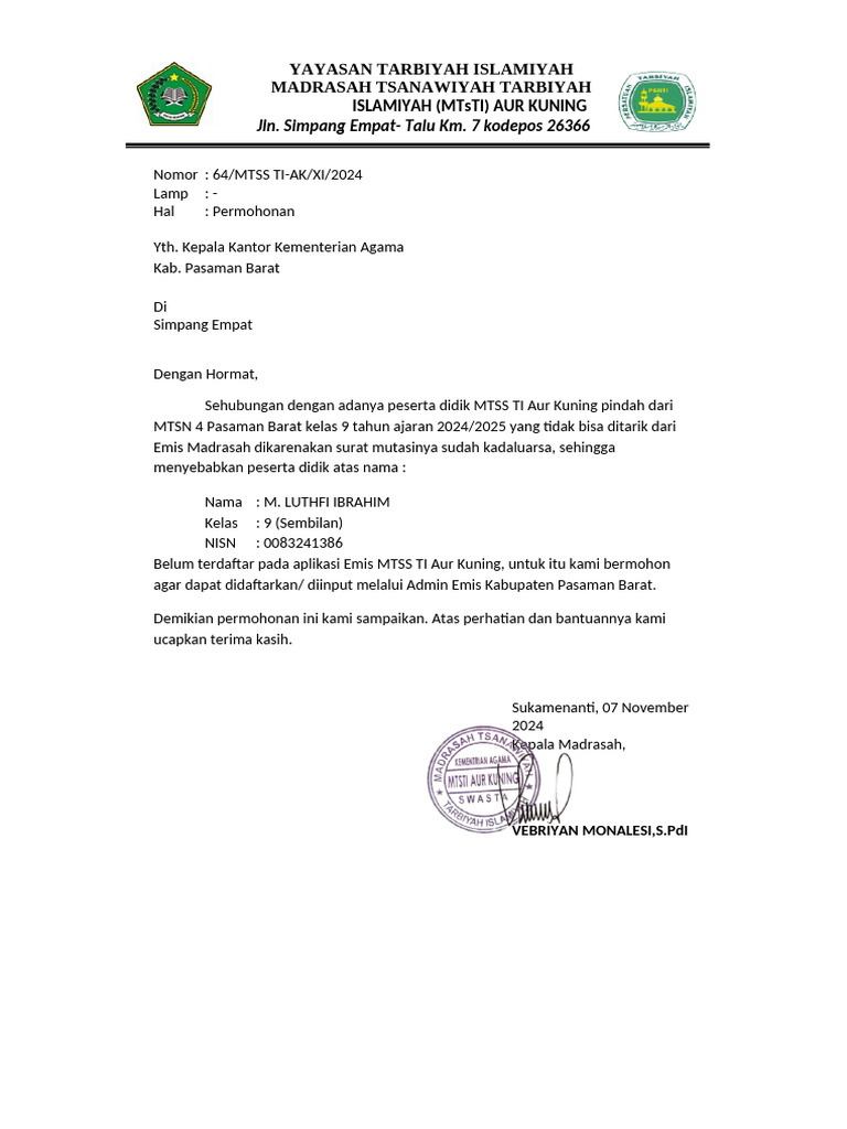 Permohonan Pendaftaran Siswa MTsTI Aur Kuning | PDF