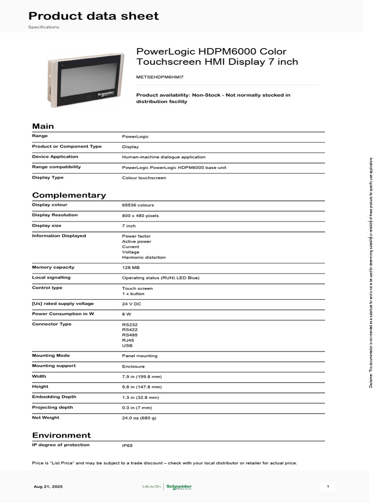 PowerLogic HDPM6000 HMI Display Specs | PDF | Touchscreen | Electronics