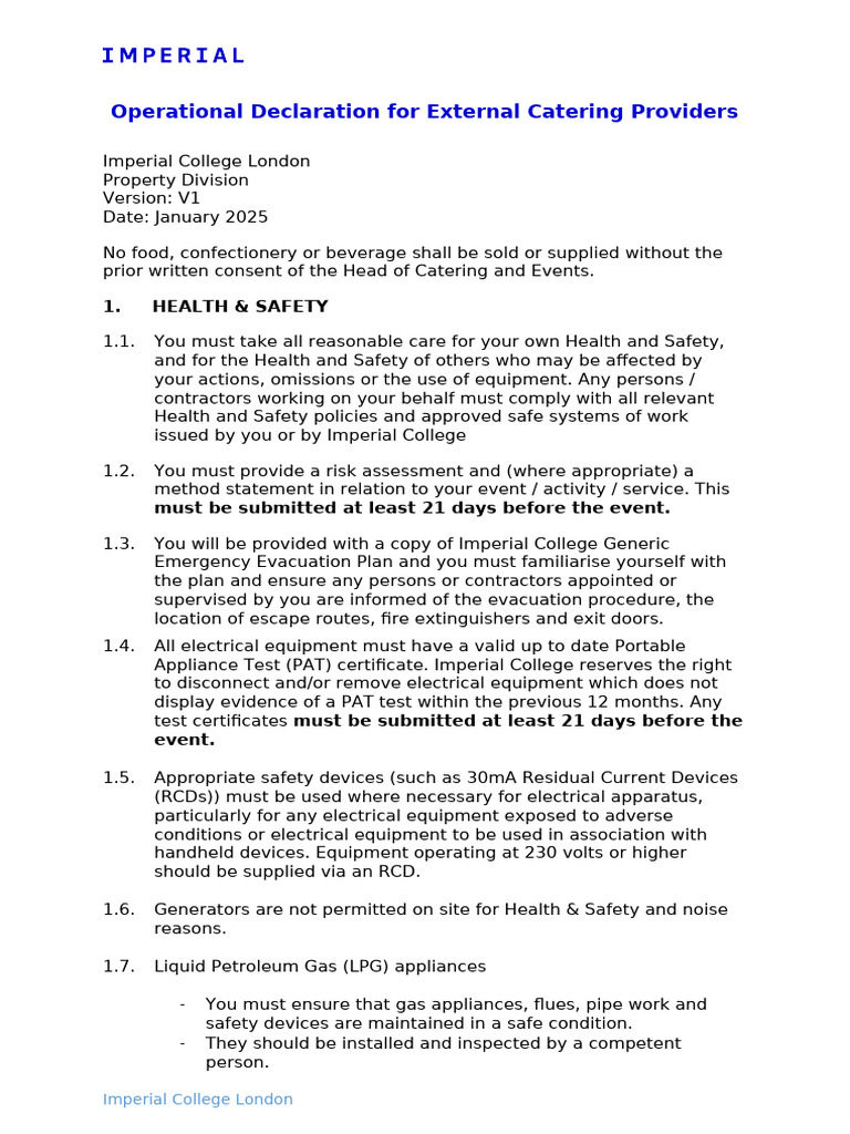 External Catering Guidelines at Imperial College | PDF | Food Safety ...