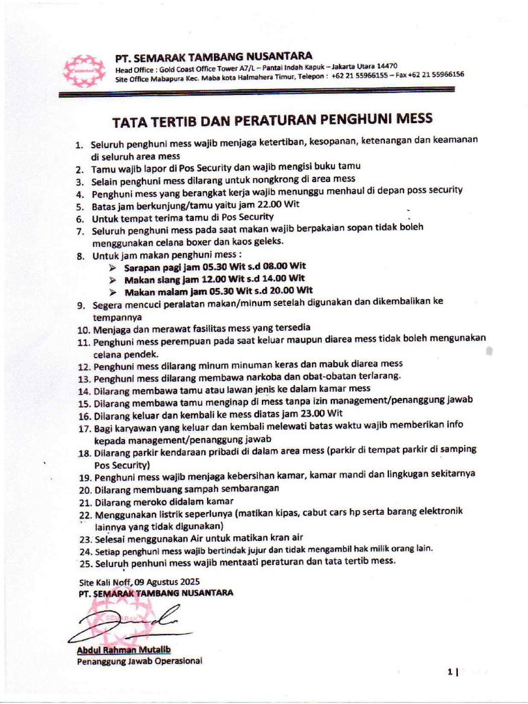 Tata Tertib Dan Peraturan Penghuni Mess | PDF
