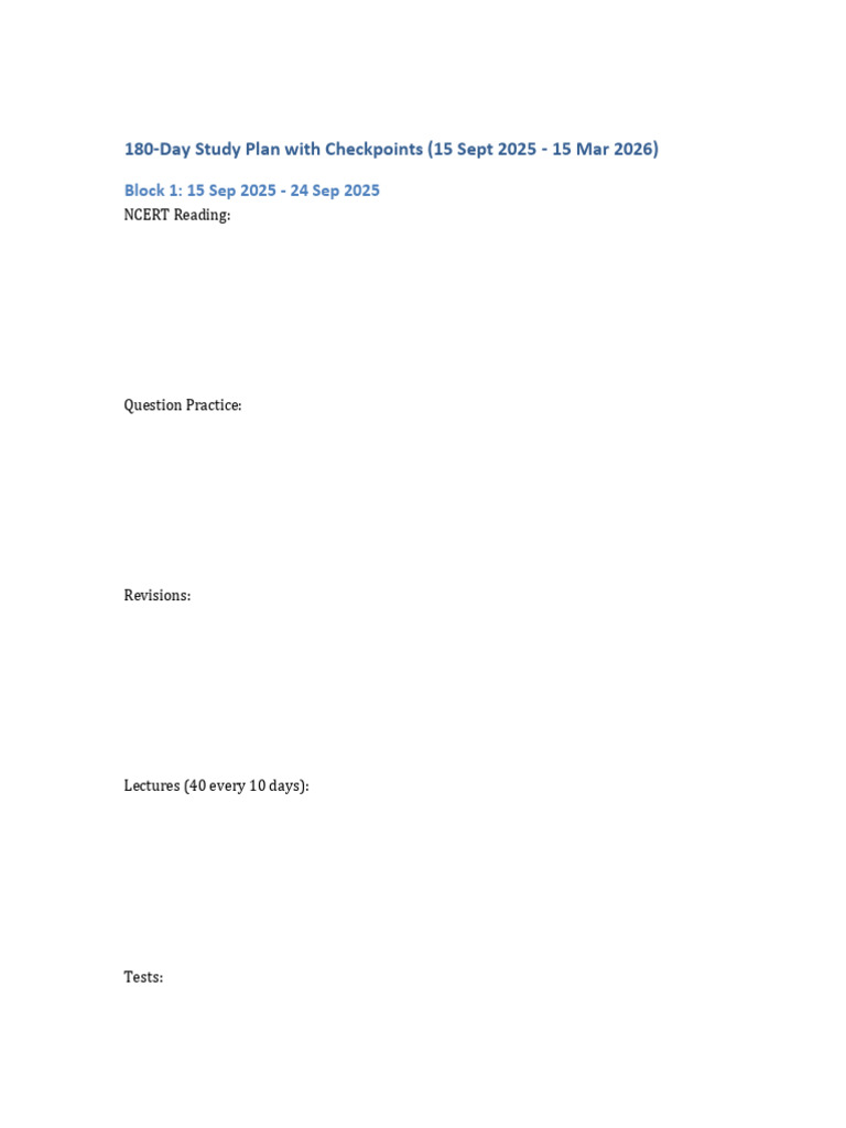 180-Day NCERT Study Plan with Checkpoints | PDF