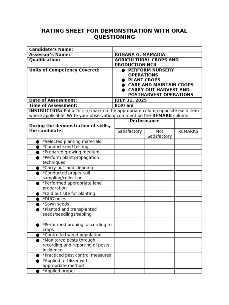 Final Rating Sheet For Demo With Oral Questioning | PDF | Plant Nursery ...