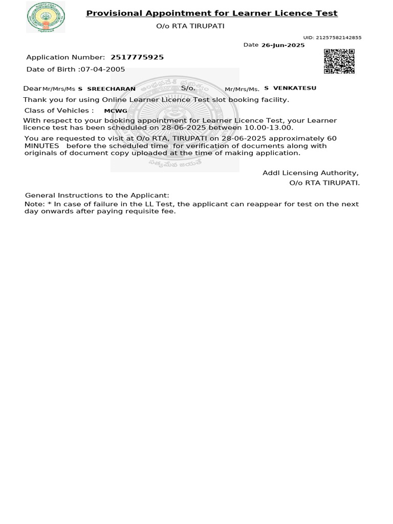 Learner Licence Test Appointment Notice | PDF