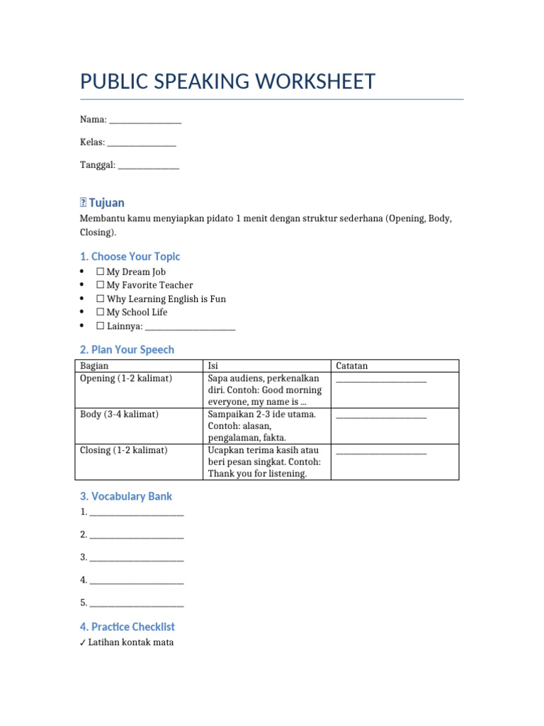 Public Speaking Worksheet | PDF