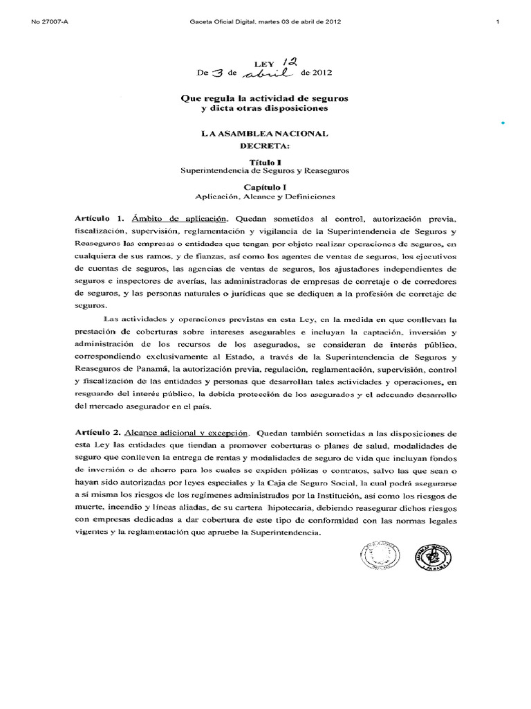 Ley 12 de 3 de Abril de 2012 Seguros y Reaseguros de Panama | PDF