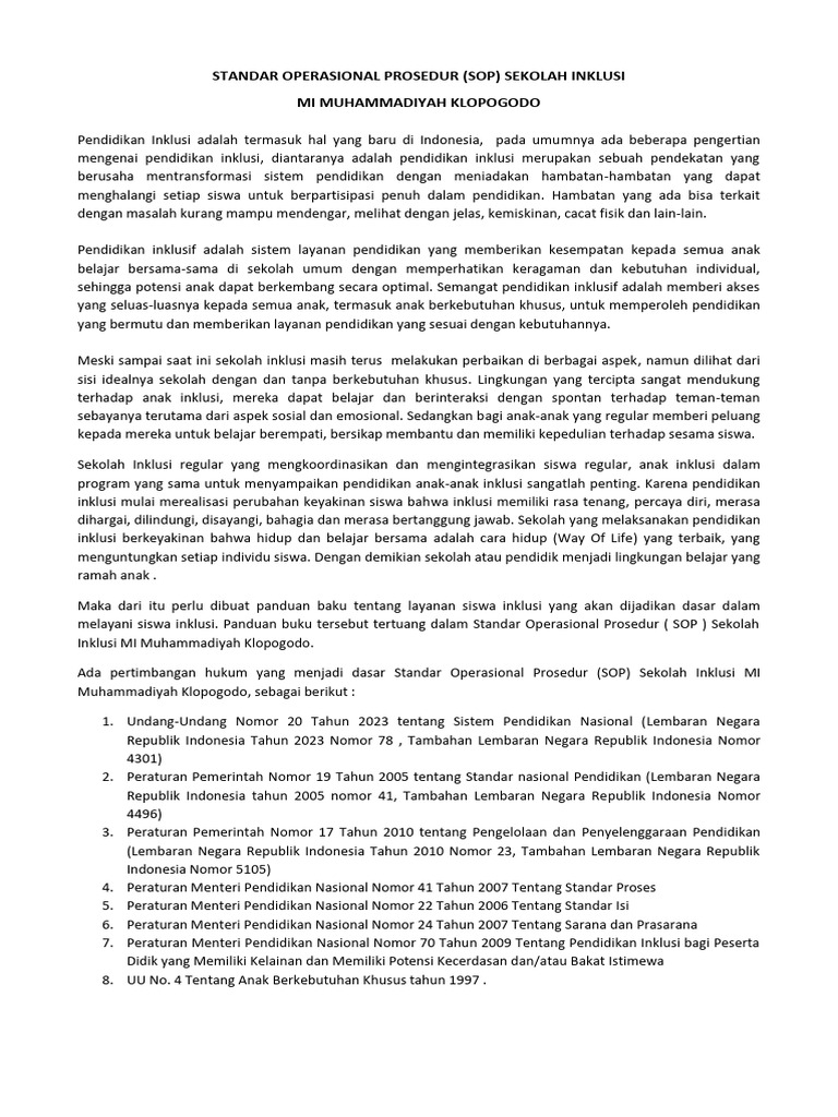 SOP Sekolah Inklusi MI Muhammadiyah Klopogodo | PDF