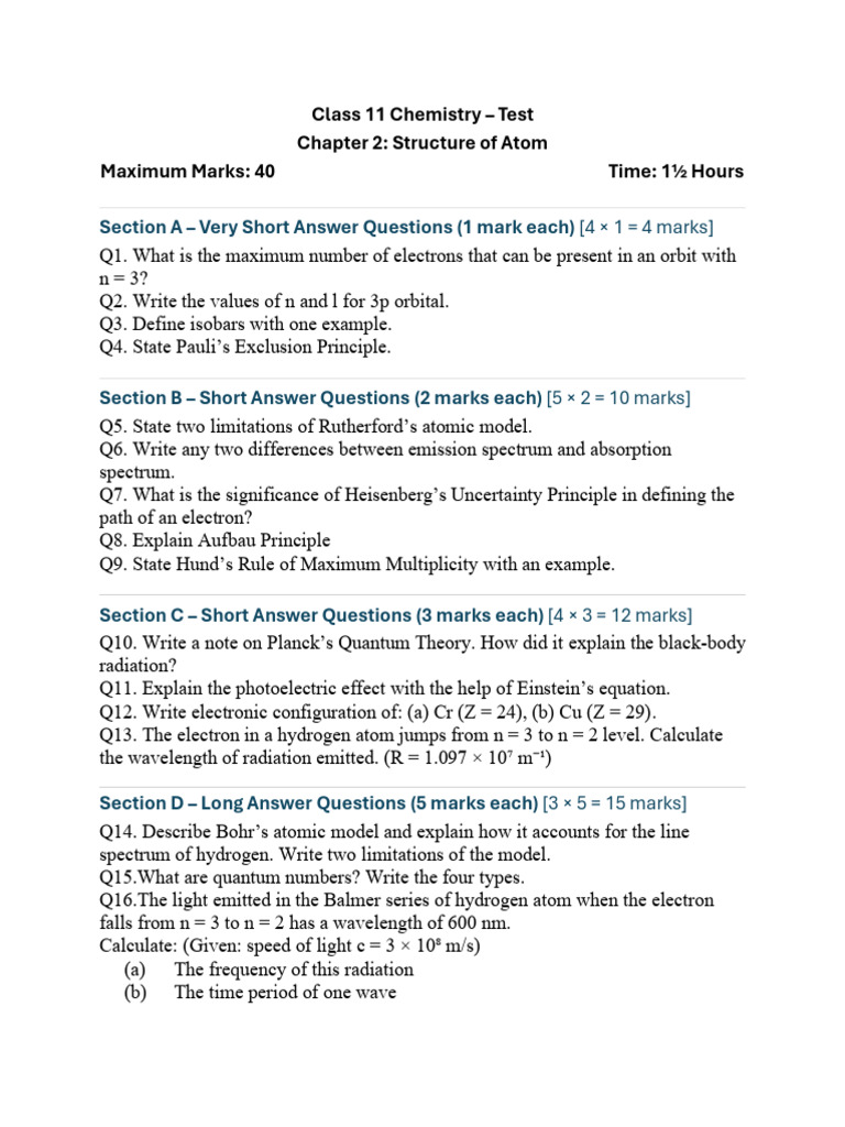 Class 11 Chemistry - Test | PDF