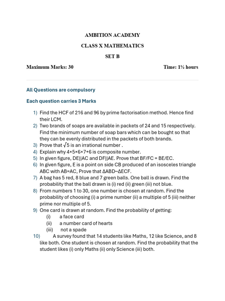Class X Math Exam Set B Solutions | PDF