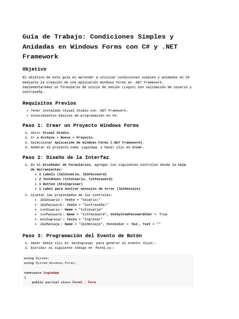 Guía 1 condiciones c# de la clase de computacion | PDF | C Sharp (lenguaje de programación ...