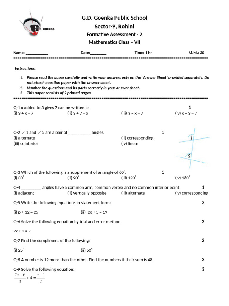 Class VII Math Formative Assessment 2 | PDF | Mathematics | Euclidean ...