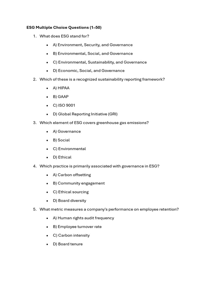 ESG Quiz: Multiple Choice Questions | PDF | Economy And The Environment ...