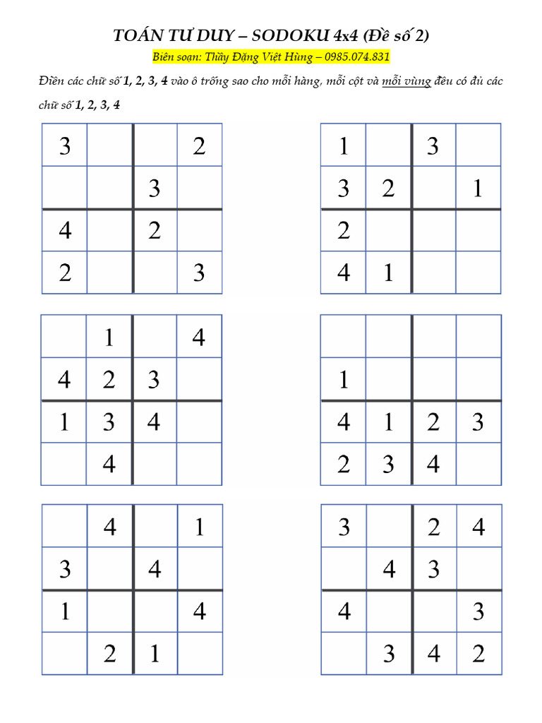 03 - TOÁN TƯ DUY - Sodoku 4x4 - Đề Số 2 - Number | PDF