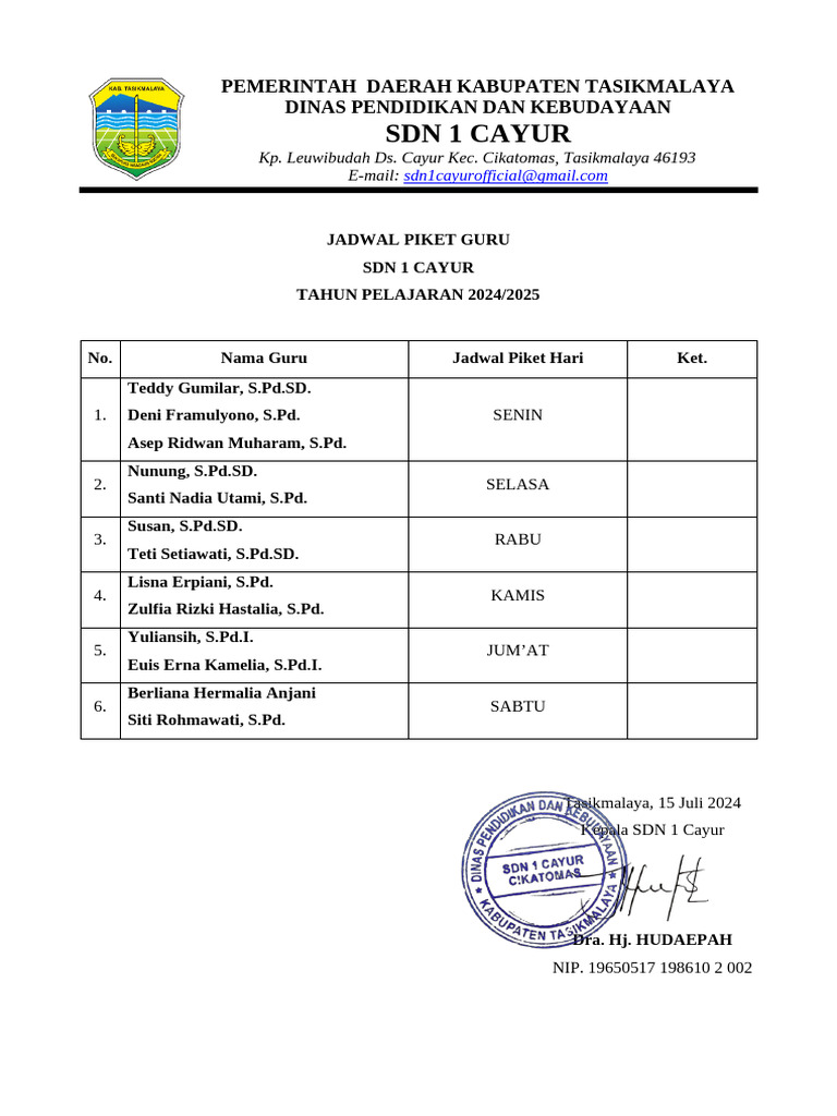 Jadwal Piket Guru SDN 1 Cayur | PDF