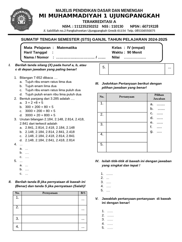 Soal Uts 1 MTK Kelas 4 | PDF
