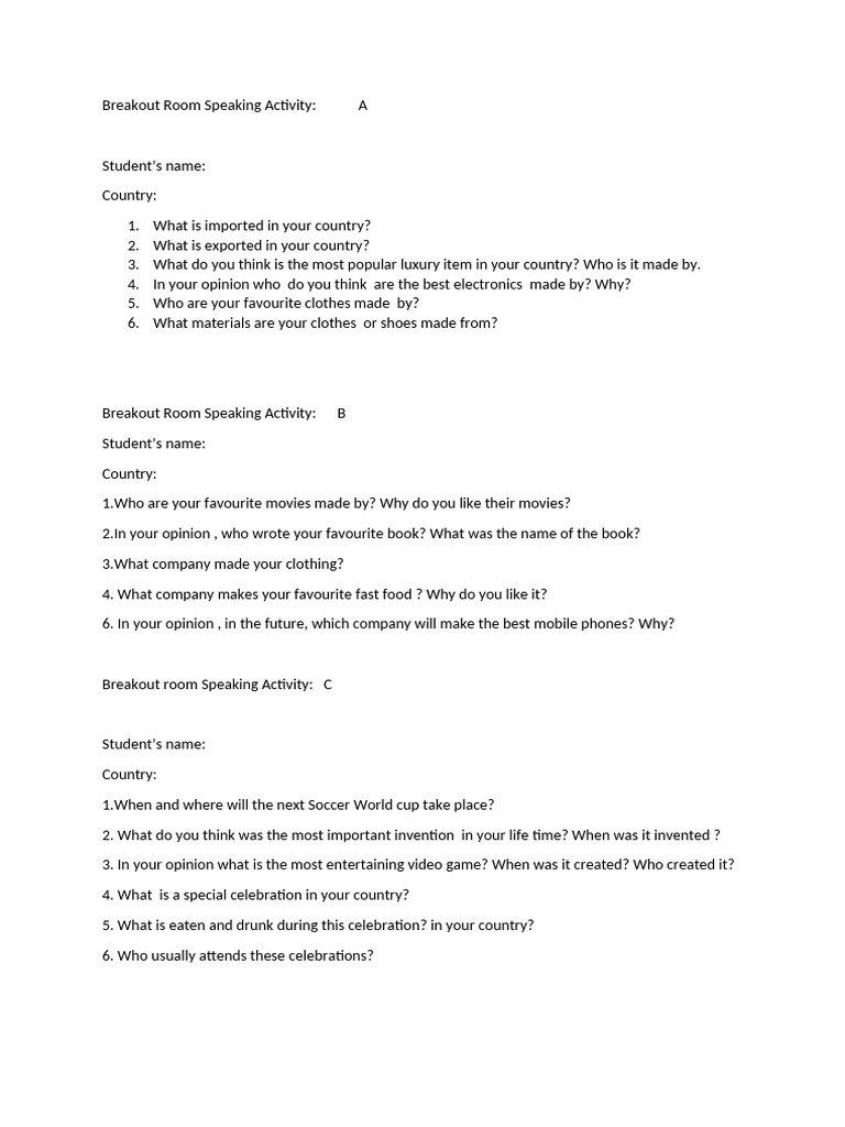 Breakout Room Speaking Activity Guide | PDF