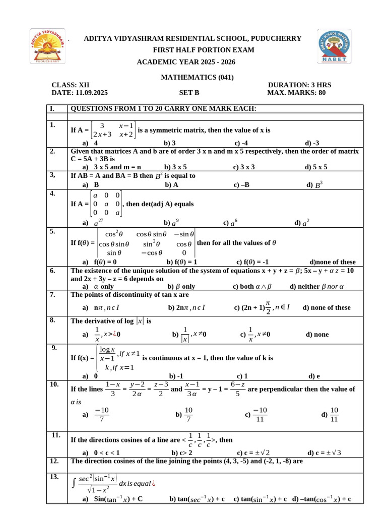 Class Xii Math First Half QP Set B | PDF | Linear Algebra | Mathematical Concepts