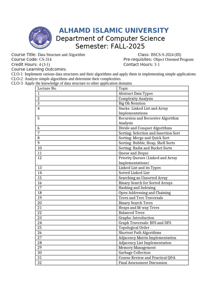 Data Structures Lecture Schedule | PDF | Theoretical Computer Science | Algorithms