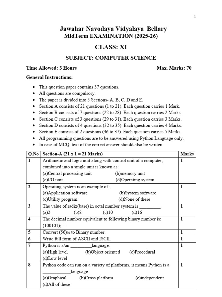 COMPUTER-SCIENCE-CLASS-XI-QUESTION-PAPER-HY-EXAM-2025-26 Cs Neww | PDF | Control Flow | Python ...