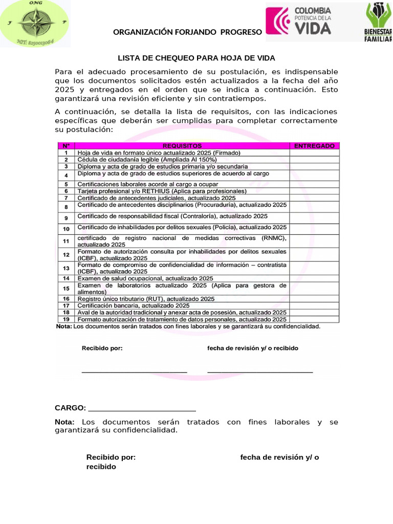 Lista de Chequeo Para Hoja de Vida Forjando Progreso | PDF