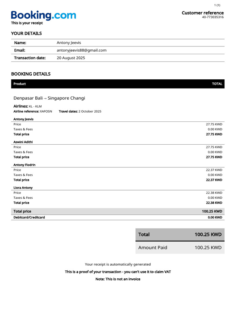 Flight Booking Receipt for Antony Jeevis | PDF | Receipt | Accounting