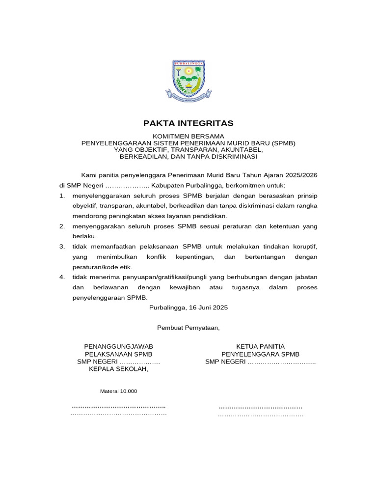 Pakta Integritas SPMB Satuan Pendidikan 2025 | PDF