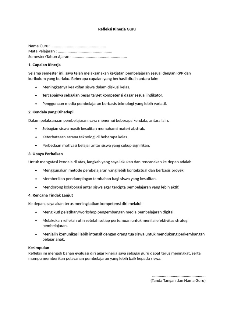Format Refleksi Kinerja Guru | PDF