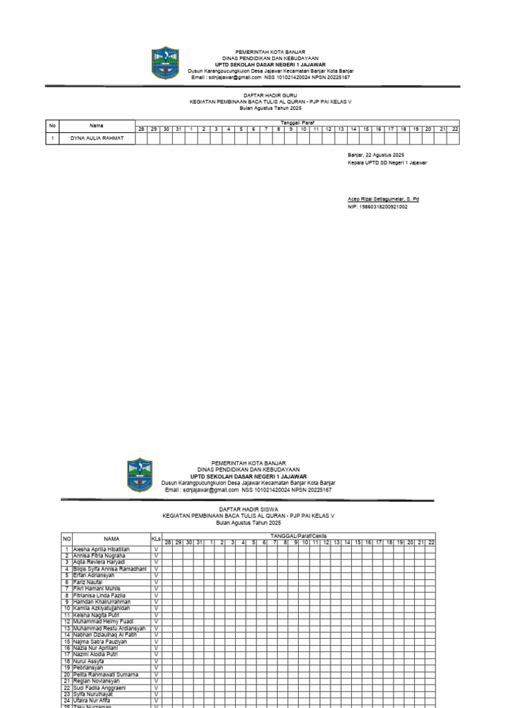 Format Daftar Hadir Guru - PJP | PDF
