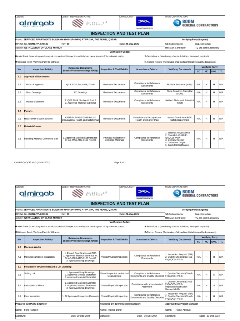 Inspection and Test Plan for Glass Mirror Installation | PDF | Quality