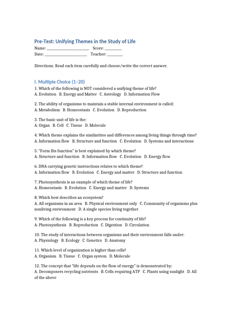 Unifying Themes in Life Pre-Test | PDF | Evolution | Biology