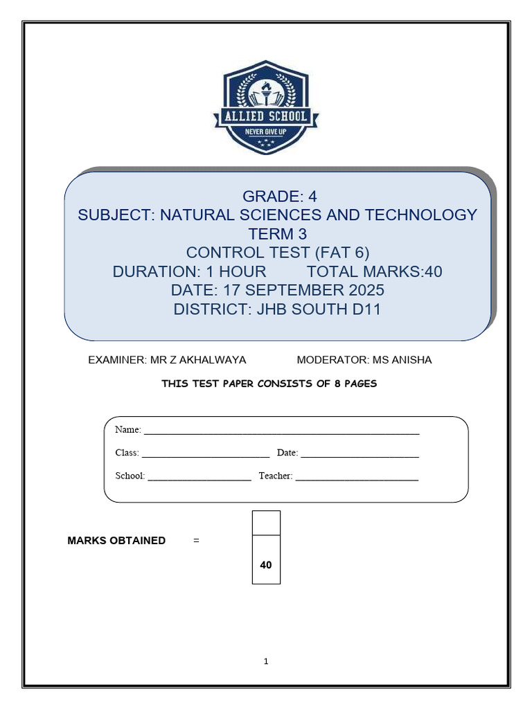 Grade 4 Natural Sciences Test Paper | PDF