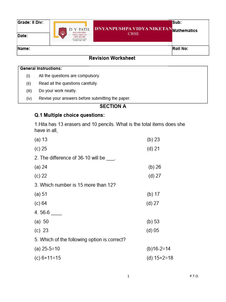 Maths Revision Worksheet | PDF