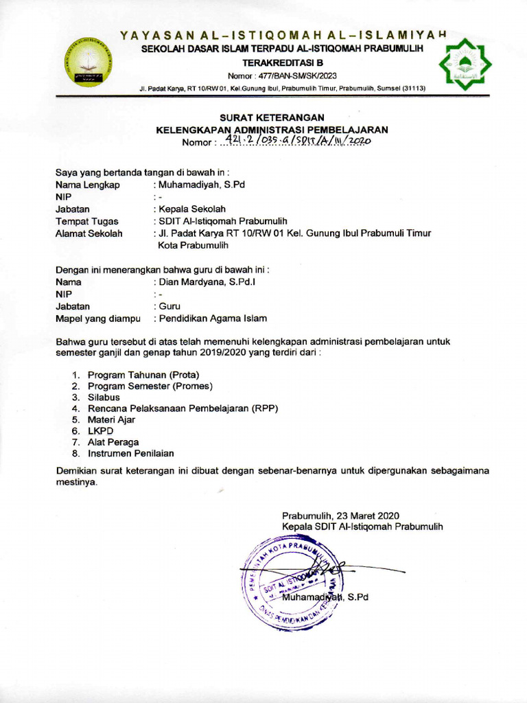 Surat Kelengkapan Adm 2019-2020 | PDF