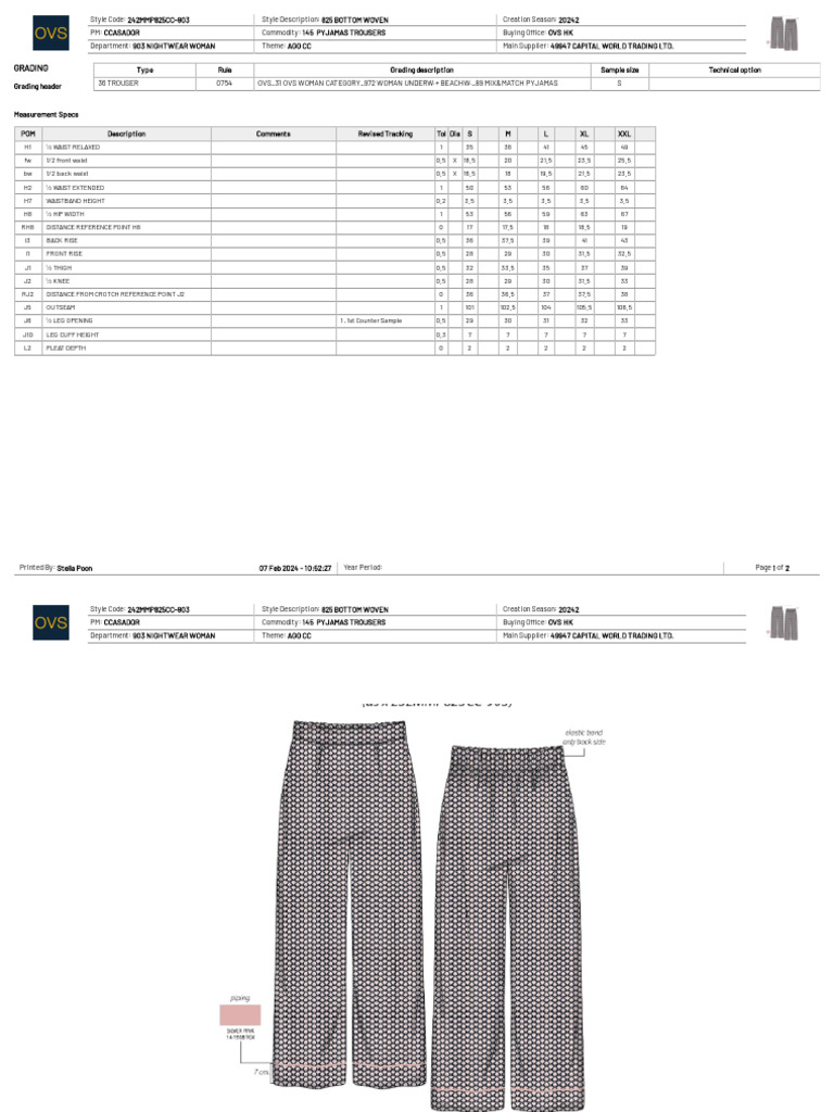 242mmp825cc-903 825 Bottom Woven - Size Grading | PDF | Clothing | Fashion