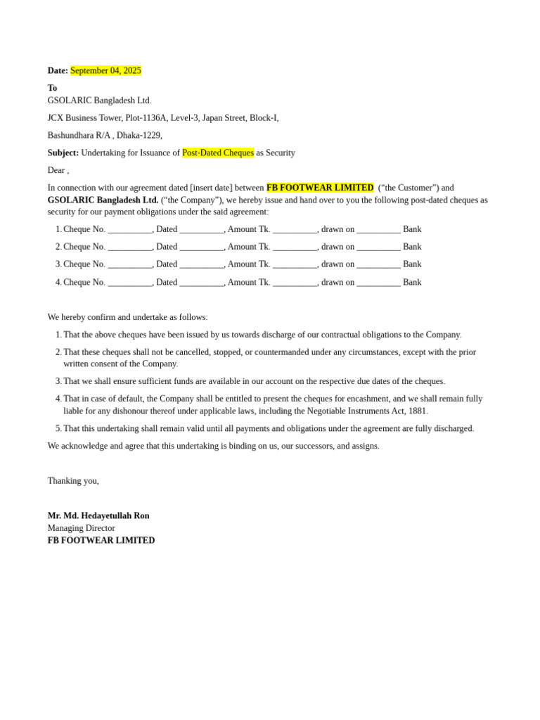 PDC Letter for Security Cheques | PDF