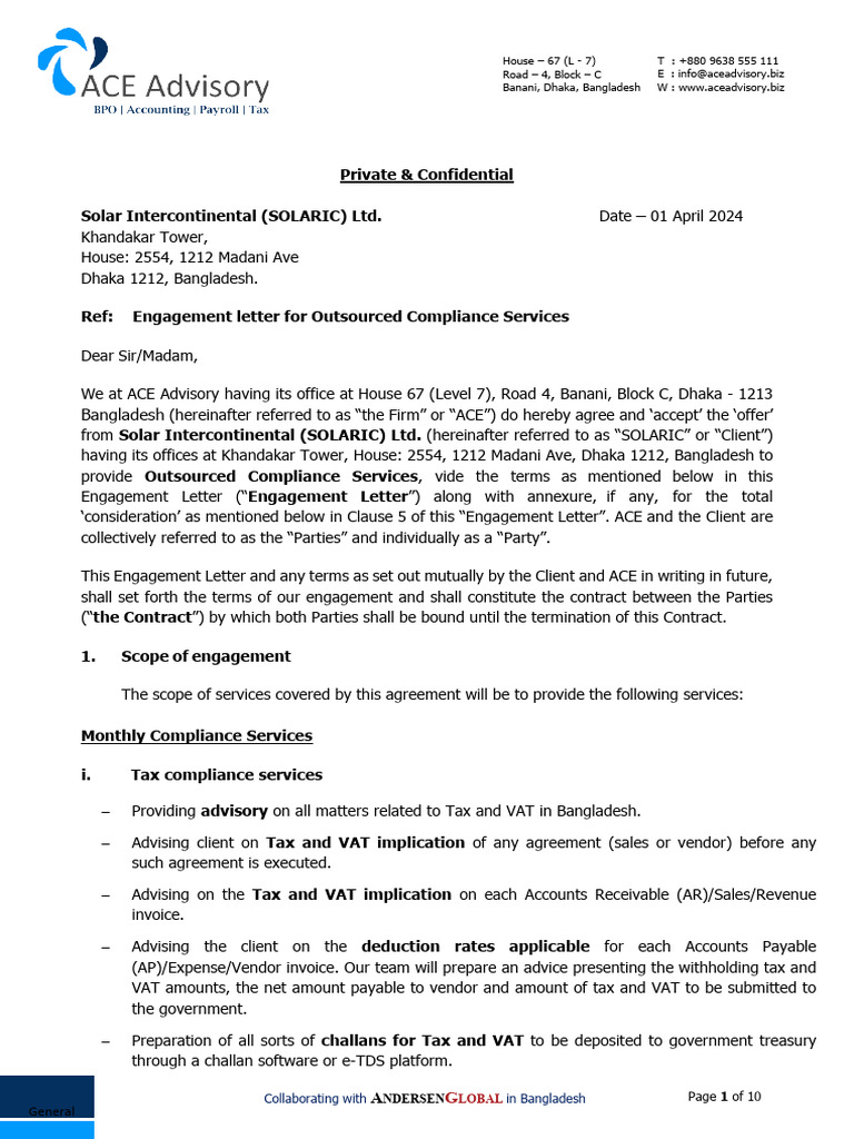 ACE Advisory - Engagement Letter For Compliance Services. Revised-Full ...